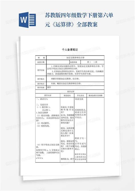 苏教版四年级数学下册第六单元《运算律》全部教案word模板下载 编号ljayrnay 熊猫办公