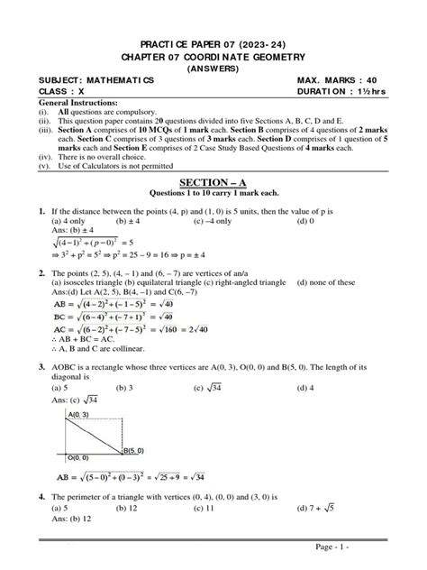 Maths Class X Chapter 07 Coordinate Geometry Practice Paper 07 Answers 1 Pdf Euclidean Plane