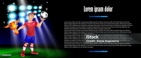 팀 경쟁 스포츠 및 승리의 개념 텍스트를위한 공간이있는 축구 경기장의 배경에 만화 스타일의 승자의 컵이있는 축구 선수