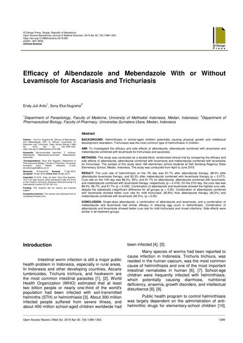 Pdf Efficacy Of Albendazole And Mebendazole With Or Without Levamisole For Ascariasis And