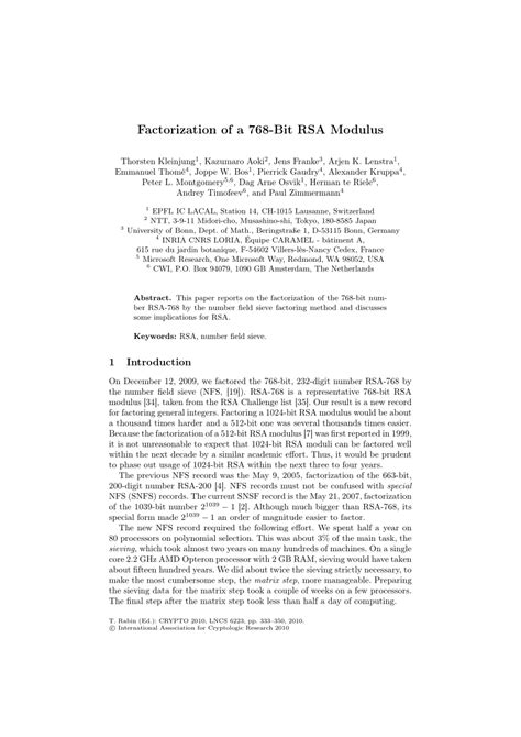 Pdf Factorization Of A 768 Bit Rsa Modulus
