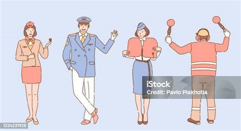 공항 및 항공사 근로자 그림입니다 승무원 스튜어디스 조종사 및 공항 직원 캐릭터 공항에 대한 스톡 벡터 아트 및 기타 이미지