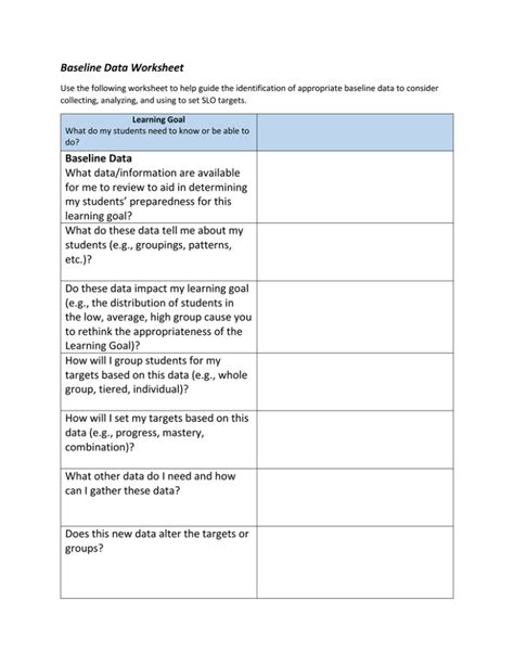 Baseline Data Worksheet For SLO Target Setting