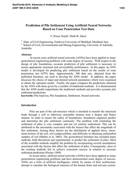 Pdf Prediction Of Pile Settlement Using Artificial Neural Networks Based On Cone Penetration