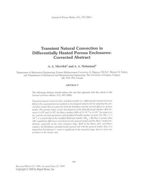 Pdf Transient Natural Convection In Differentially Heated Porous Enclosures Corrected Abstract