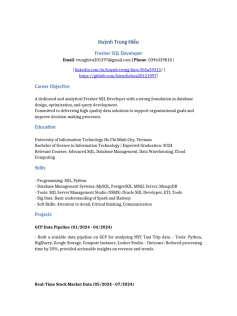 Fresher Sql Developer Cv Huynhtrunghieu Pdf