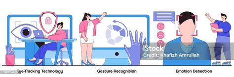 아이 트래킹 기술 제스처 인식 작은 사람들과 감정 감지 개념 현대 센서 기술 벡터 일러스트 레이션 세트 인간컴퓨터 및 사용자 인터페이스 상호 작용 방법 은유 감정에 대한