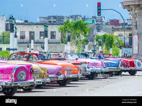 Old Classic American Cars On One Of Havanas Cuba Streets There Is