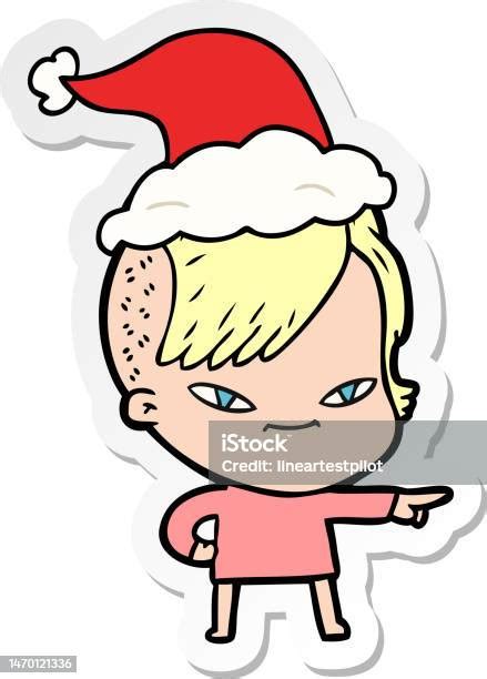 산타 모자를 쓰고 힙스터 이발을 한 소녀의 귀여운 손으로 그린 스티커 만화 귀여운에 대한 스톡 벡터 아트 및 기타 이미지 귀여운 낙서 드로잉 데칼 Istock