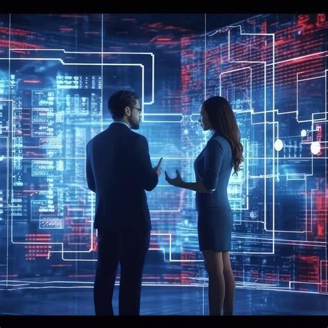 Picture Showcasing A Man And Woman Standing In Front Of A Digital Screen Premium Ai Generated