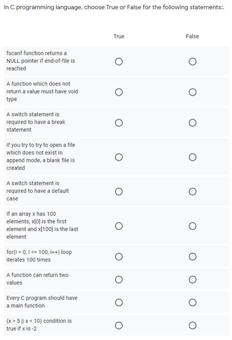 Solved In C Programming Language Choose True Or False For