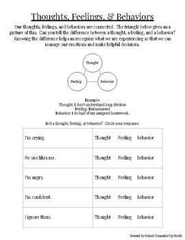Selcbt Thoughts Feelings Behaviors Worksheets No Prep Tpt