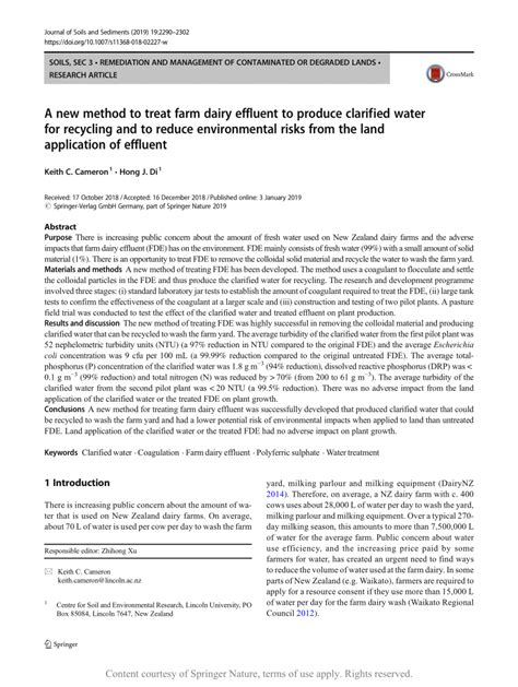 A New Method To Treat Farm Dairy Effluent To Produce Clarified Water For Recycling And To Reduce