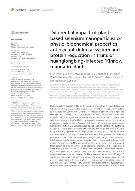 Pdf Differential Impact Of Plant Based Selenium Nanoparticles On Physio Biochemical Properties