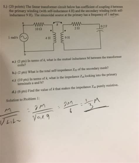 Solved The Linear Transformer Circuit Below Has Coefficient