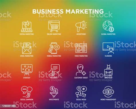 비즈니스 마케팅 씬 라인 아이콘 세트 디지털 마케팅 온라인 쇼핑 광고 소셜 미디어 이메일 마케팅 블로그 피드백 전략 고객 대상 서류 가방 벡터 그림입니다 Brand Name