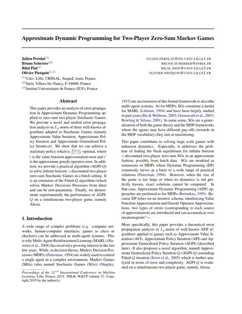 Pdf Approximate Dynamic Programming For Two Player Zero Sum Markov Games