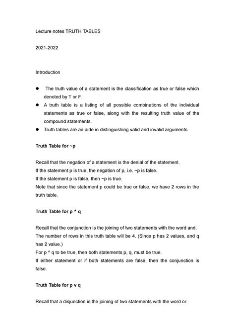 Lecture Notes Truth Tables Lecture Notes Truth Tables 2021