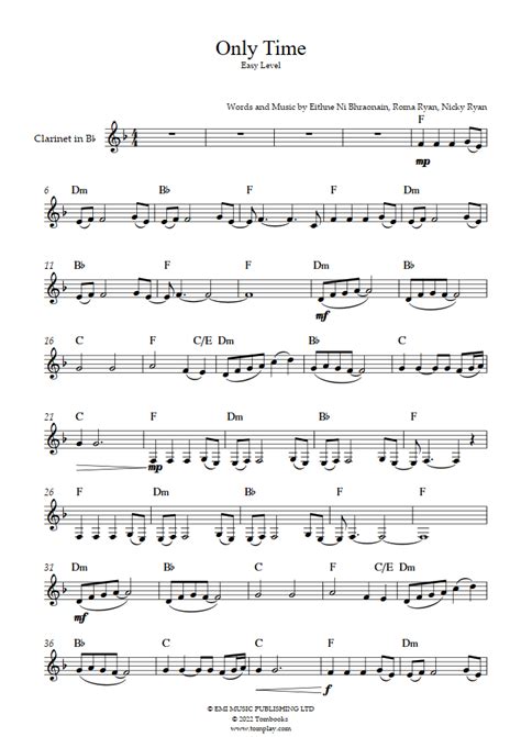 Only Time Easy Level Enya Clarinet Sheet Music