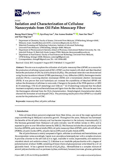 Pdf Isolation And Characterization Of Cellulose Nanofibers From Agave Gigantea By Chemical