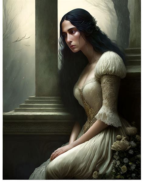 Девушка у колонны в платье старинная картина