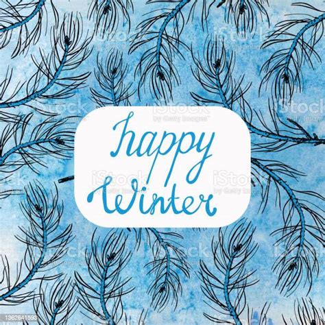 해피 윈터 인사말 카드 파란색 수채화 배경에 비어 있습니다 손으로 그린 소나무 가지 침엽수 나무의 검은 바늘 겨울에 대한 스톡 벡터 아트 및 기타 이미지 Istock