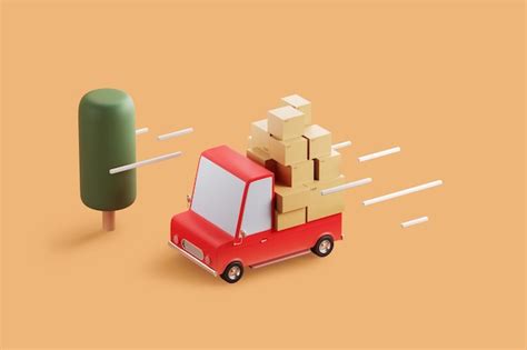 카드보드 상자를 가진 빨간색 빠른 배달 밴 도시 물류 개념 집이나 사무실로 상품을 배달하는 3d 렌더링 프리미엄 사진