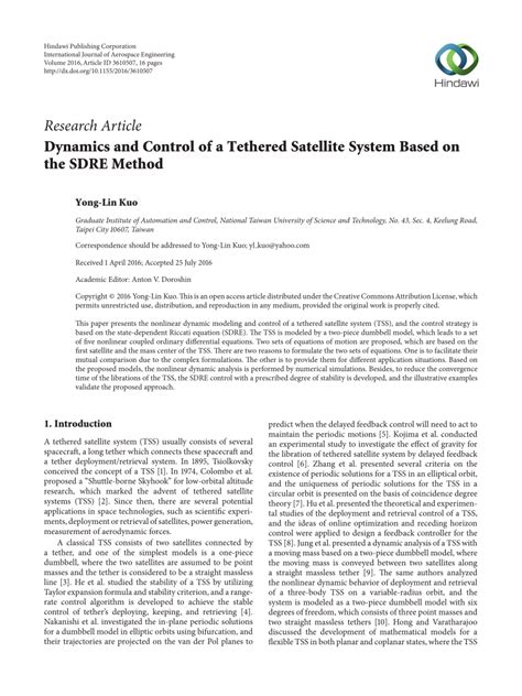 Pdf Dynamics And Control Of A Tethered Satellite System Based On The Sdre Method