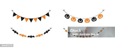 귀여운 할로윈 화환 멧돼지 세트와 잭 오 랜턴 호박과 박쥐 간단한 배너 교수형 파티 고급 장식 벡터 요소 10월에 대한 스톡