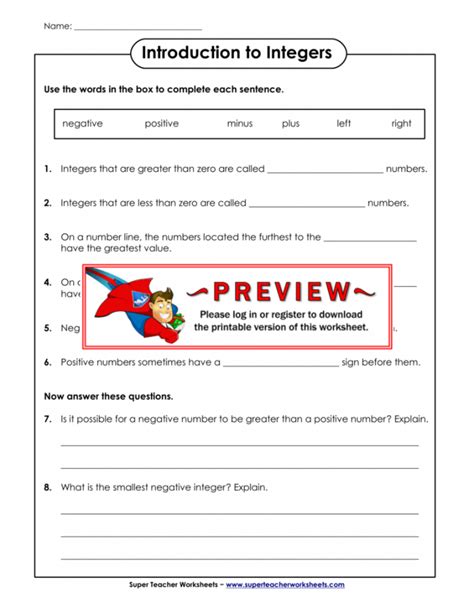 Introduction To Integers Worksheets 99Worksheets