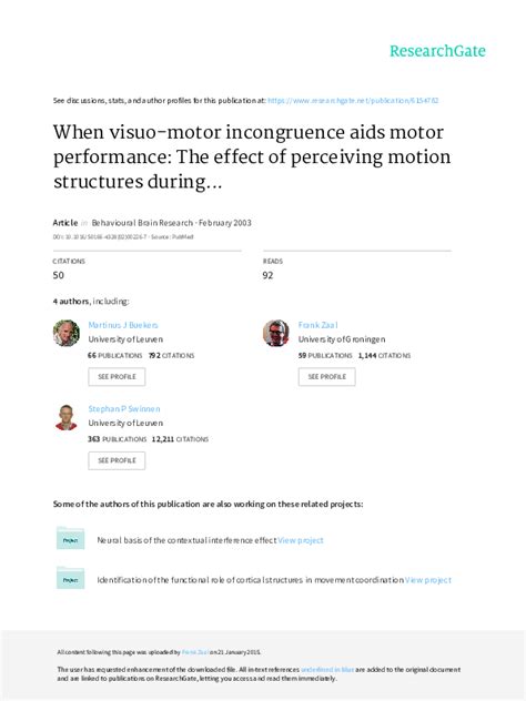 Pdf When Visuo Motor Incongruence Aids Motor Performance The Effect Of Perceiving Motion
