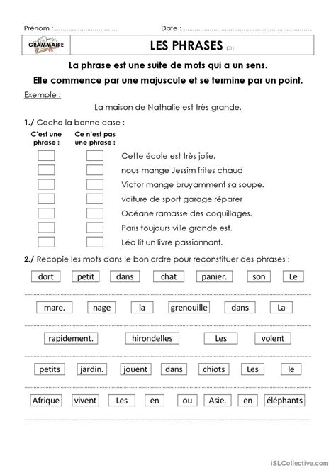 La Phrase 1 Compréhension Générale D… Français Fle Fiches Pedagogiques Pdf And Doc