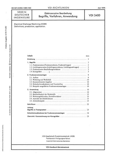 Vdi 34001975 De Elektroerosive Bearbeitung Begriffe Verfahren