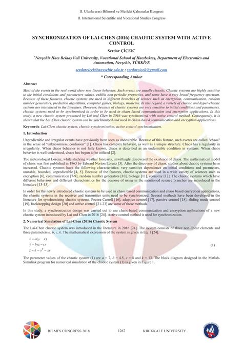 Pdf Synchronization Of Lai Chen 2016 Chaotic System With Active Control