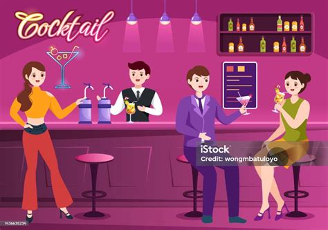 친구와 함께하는 칵테일 바 또는 나이트 클럽 알콜 과일 주스 음료 또는 평평한 손으로 그린 만화 템플릿 일러스트레이션에 칵테일