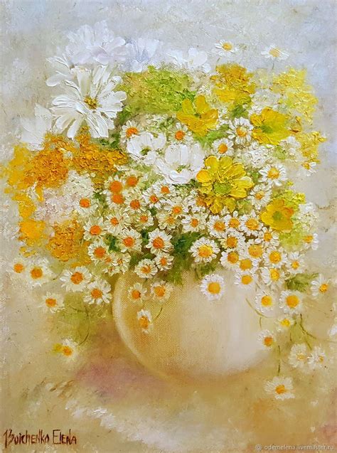 Купить Летние хризантемы 40х30 оливковый картина маслом картина в подарок картина на холсте