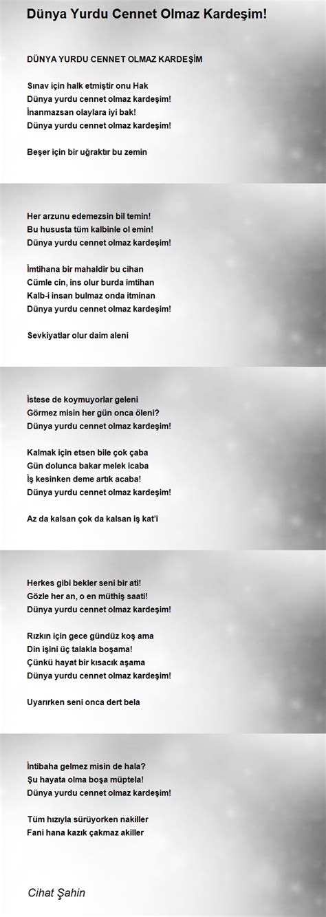 Dünya Yurdu Cennet Olmaz Kardeşim Şiiri Cihat Şahin