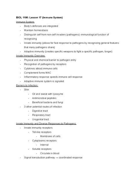 Biology 1106 Lesson 17 Immune System BIOL 1106 Lesson 17 Immune System Immune System