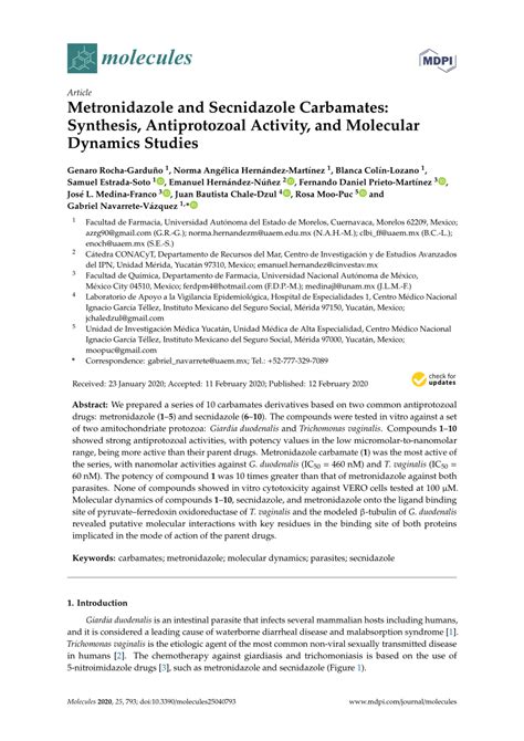 Pdf Metronidazole And Secnidazole Carbamates Synthesis Antiprotozoal Activity And Molecular