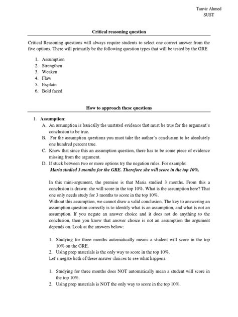 Critical Reasoning Question Types Pdf Graduate Record Examinations Argument