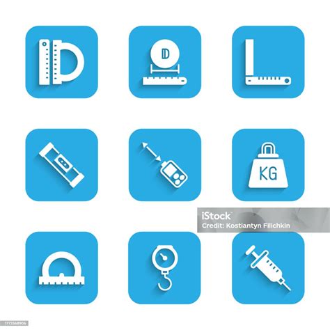 레이저 거리 측정기 손 가늠자 봄 기계 주사기 무게 각도기 건설 거품 수준 모서리 눈금자 및 아이콘을 설정합니다 벡터 각도기에 대한 스톡 벡터 아트 및 기타 이미지 Istock