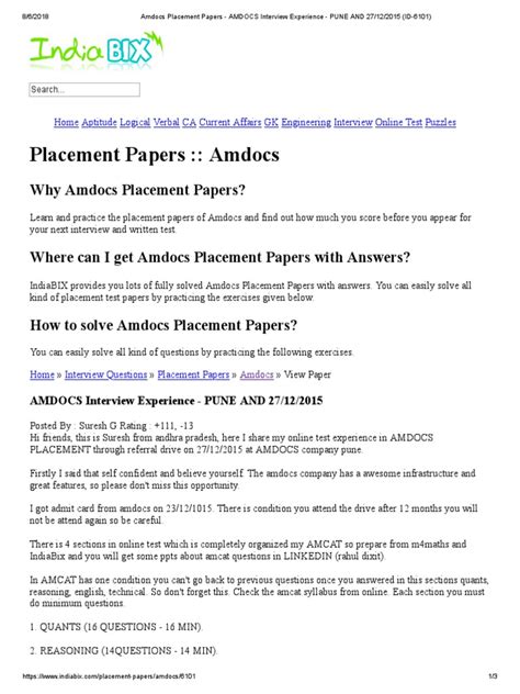 Amdocs Placement Papers Amdocs Interview Experience Pune And 27 12 2015 Id 6101 Pdf