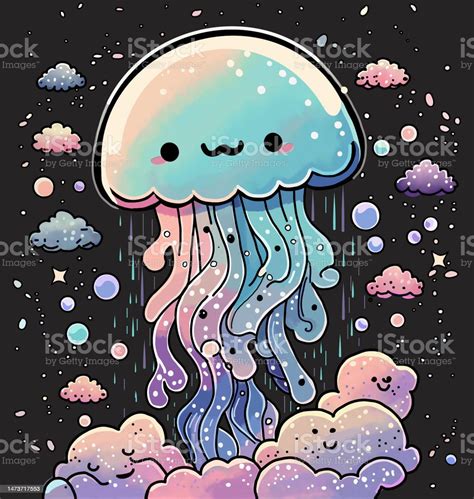 검은 배경에 Sealife가 있는 귀여운 웃는 해파리 또는 문어가 있는 Сartoon이 있는 패턴 벽지 엽서 포스터 직물 냅킨 및 기타 창의적인 프로젝트를위한 완벽한 콘텐츠