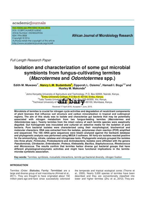 Isolation And Characterization Of Some Gut Microbial Symbionts From Fungus Cultivating Termites