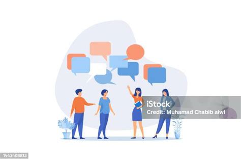 아이디어 회의 토론 또는 팀 커뮤니케이션 동료 채팅 의견 개념 평면 벡터 현대 삽화에 대한 토론 대화 또는 브레인스토밍 토의에 대한 스톡 벡터 아트 및 기타 이미지 Istock