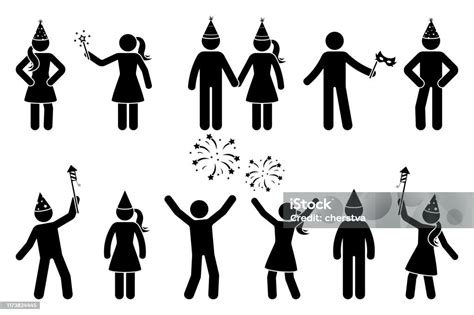 경례 불꽃 놀이 생일 축하 벡터 아이콘 사람들이 그림 과 스틱 그림 남자와 여자 해피 스탠딩 호만 파티 디자인 요소 실루엣 School Carnival에 대한 스톡 벡터
