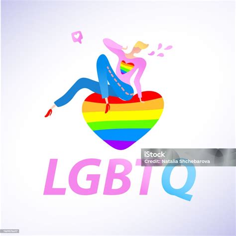 벡터 다채로운 그림 무지개 심장에 앉아 Lgbtq 텍스트와 발 뒤꿈치에 유행 게이 남자 플랫 만화 스타일 고립 Lgbt 트랜스