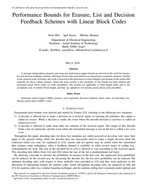 Pdf Performance Bounds For Erasure List And Decision Feedback Schemes With Linear Block Codes