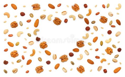 Background From Various Heart Shaped Nuts And Seeds With Copy Space For