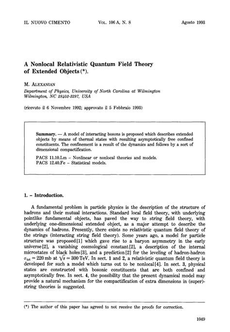 Pdf A Nonlocal Relativistic Quantum Field Theory Of Extended Objects